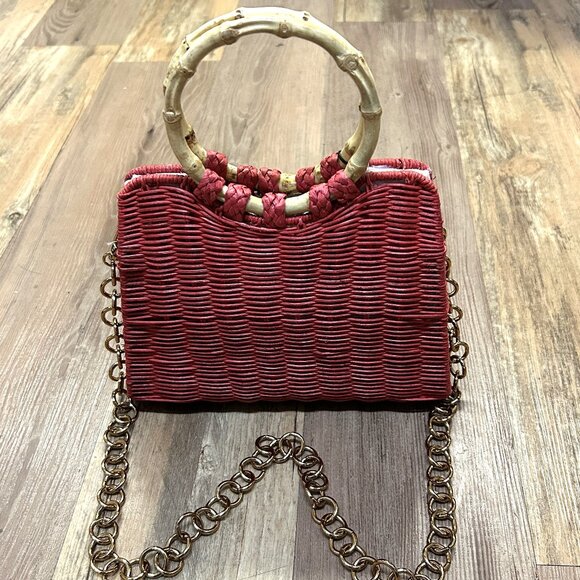 Zara | Bags | Zara Red Rattan Woven Handbag With Golden Chain And Round ...